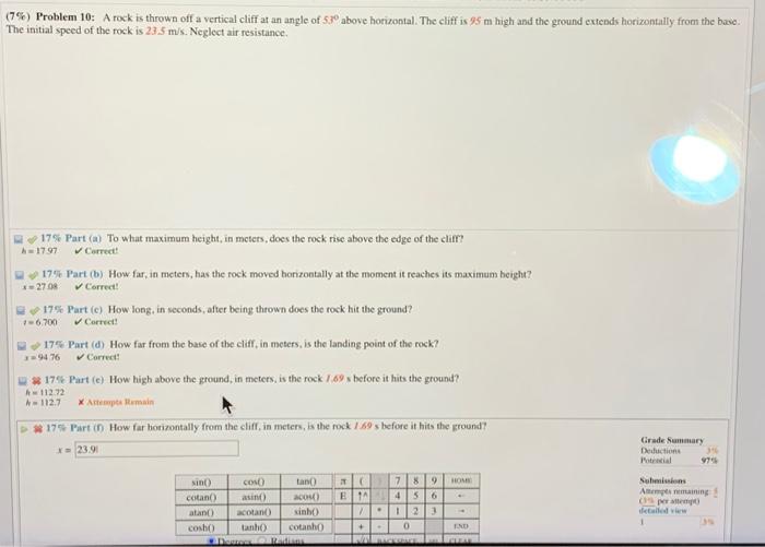 Solved 7\%) Problem 10: A rock is thrown off a vertical | Chegg.com