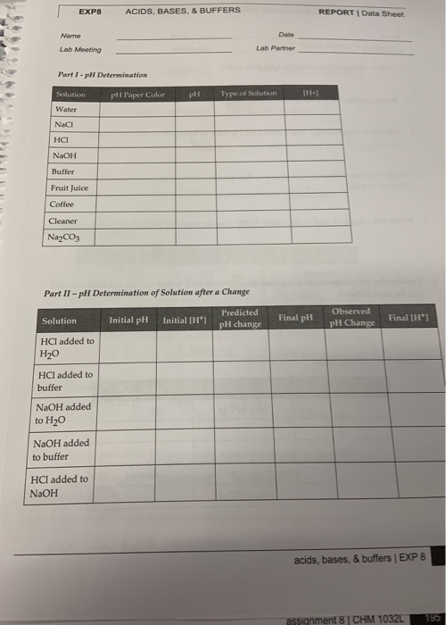 EXP8 ACIDS, BASES, & BUFFERS REPORT Data Sheet Name | Chegg.com