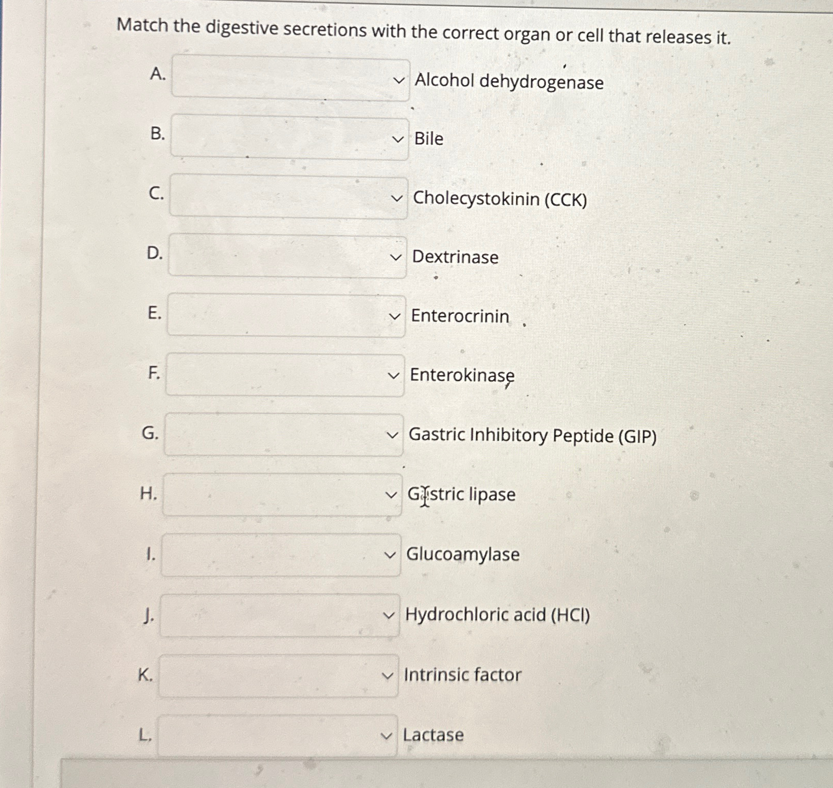 Solved Match the digestive secretions with the correct organ | Chegg.com