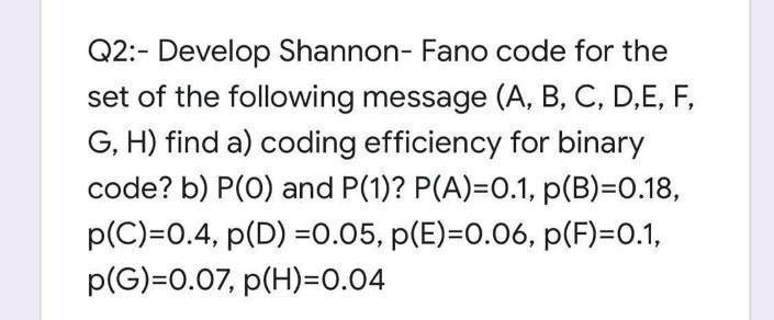 Solved Q2:- Develop Shannon- Fano code for the set of the | Chegg.com