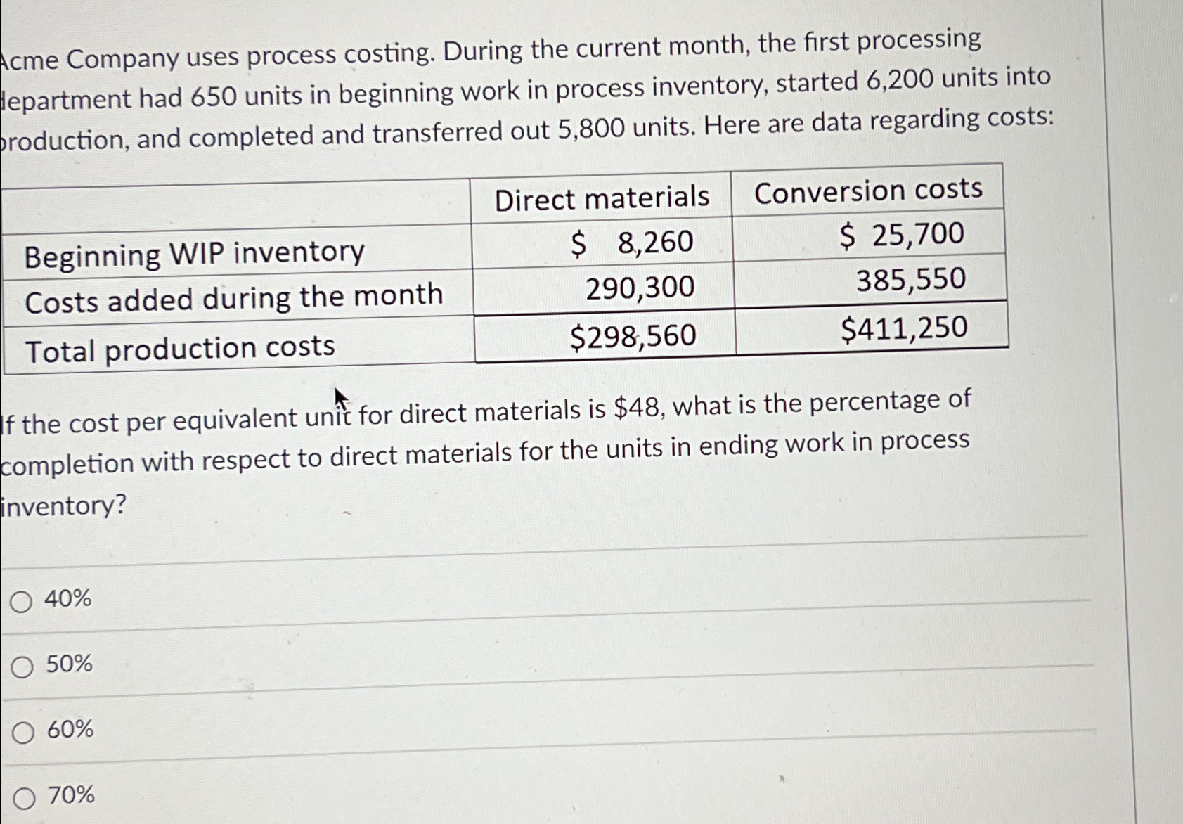 Solved Acme Company uses process costing. During the current | Chegg.com