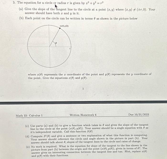 Solved 3. The equation for a circle or radius r is given by | Chegg.com