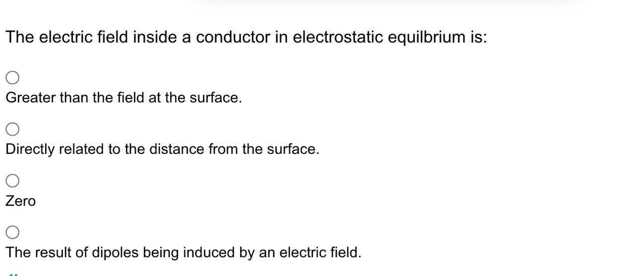 Solved The electric field inside a conductor in | Chegg.com