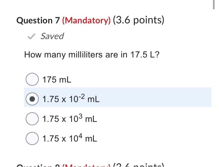 Solved How many milliliters are in 17.5 L ? 175 mL 1.75×10−2 | Chegg.com