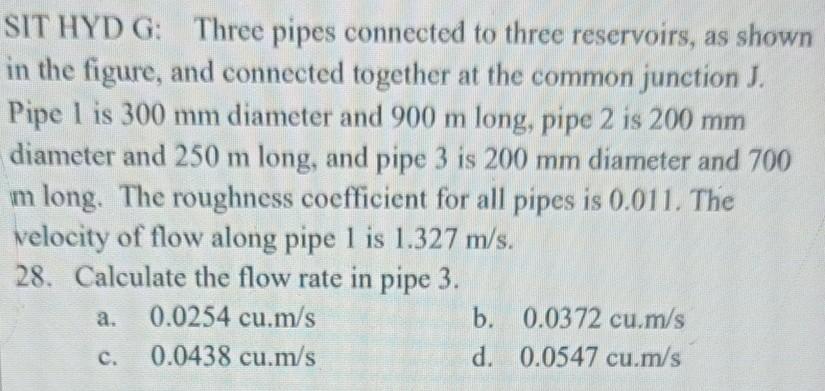 SIT HYD G: Three pipes connected to three reservoirs, | Chegg.com