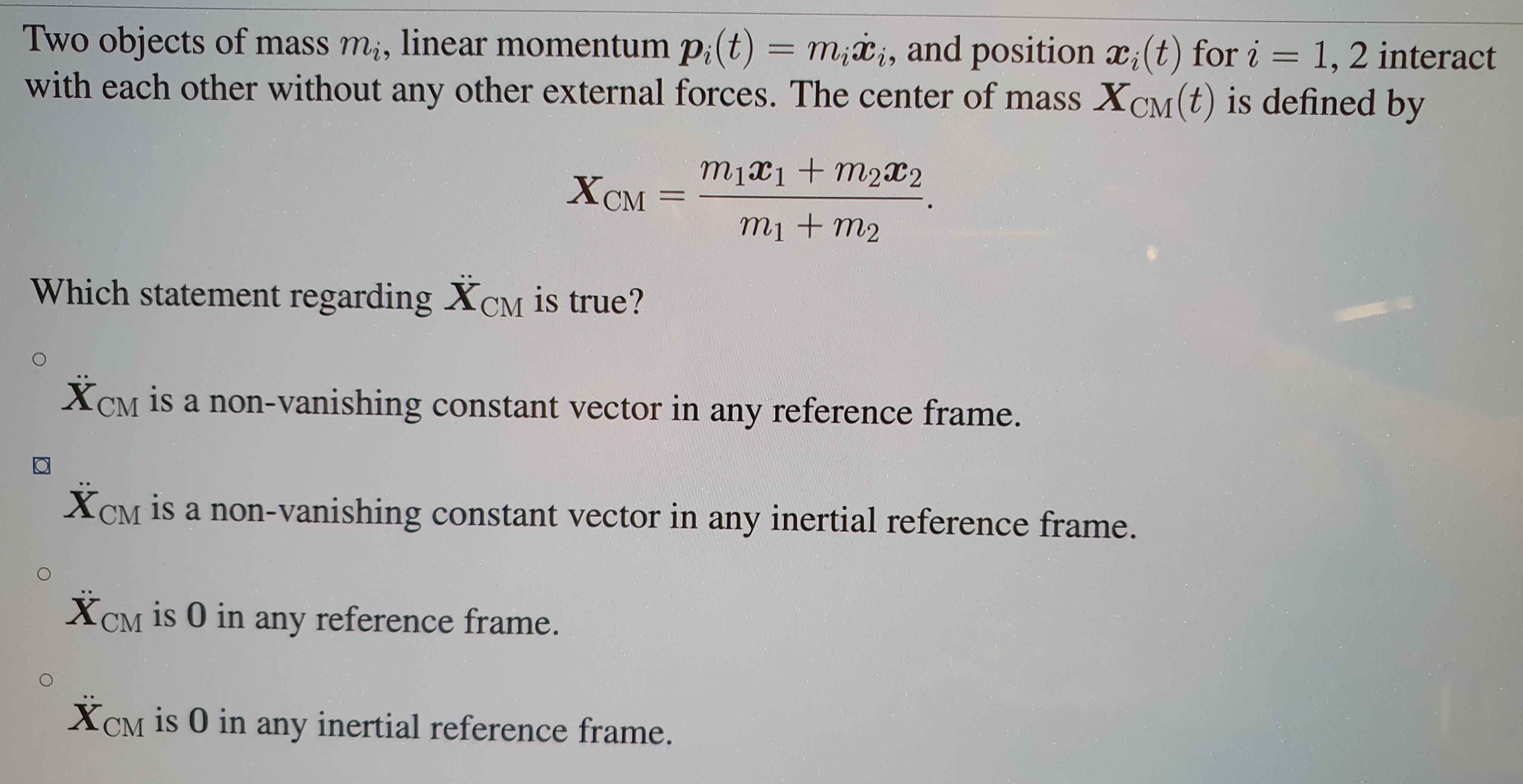 Solved Two objects of mass mi, ﻿linear momentum pi(t)=mixi˙, | Chegg.com