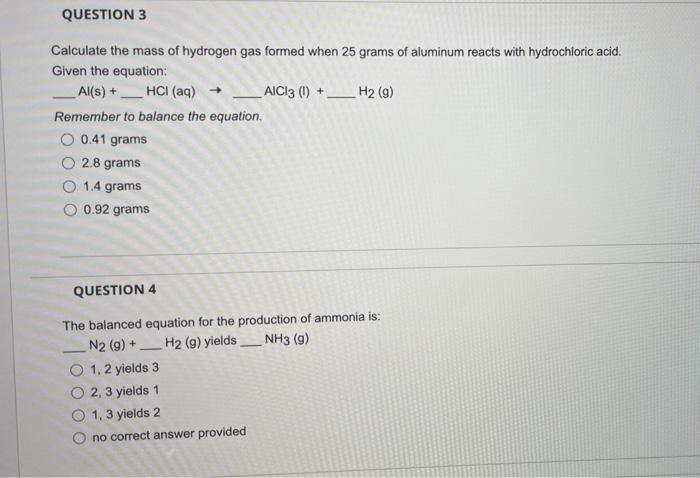 Solved QUESTION 3 + Calculate the mass of hydrogen gas | Chegg.com