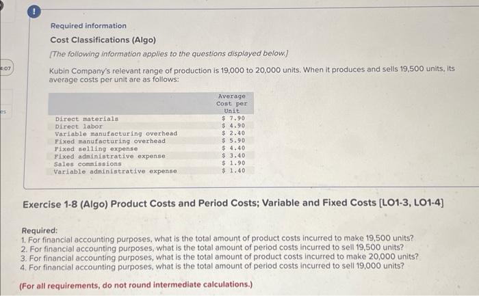 Solved Required information Cost Classifications (Algo) [The | Chegg.com