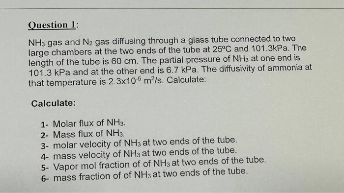 Solved NH3 gas and N2 gas diffusing through a glass tube | Chegg.com