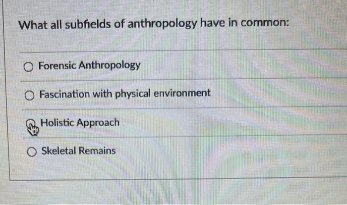 What all subfields of anthropology have in common: | Chegg.com