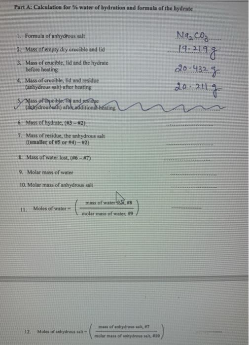 Solved Part A: Calculation for water of hydration and | Chegg.com