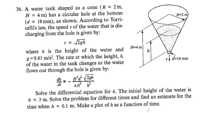 Solved 36. A water tank shaped as a cone (R = 2 m, H = 4 m) | Chegg.com