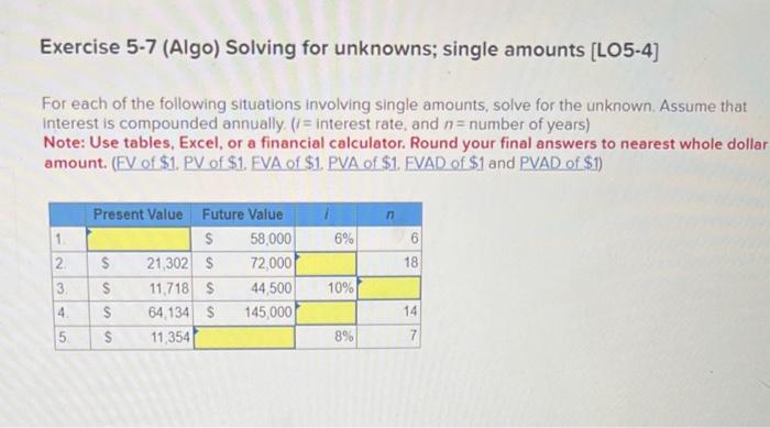 Solved Exercise 5-7 (Algo) Solving for unknowns; single | Chegg.com