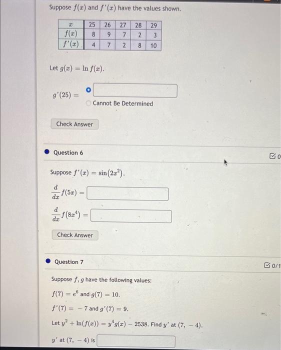 Solved Suppose f(x) and f'(x) have the values shown. H 25 26 | Chegg.com