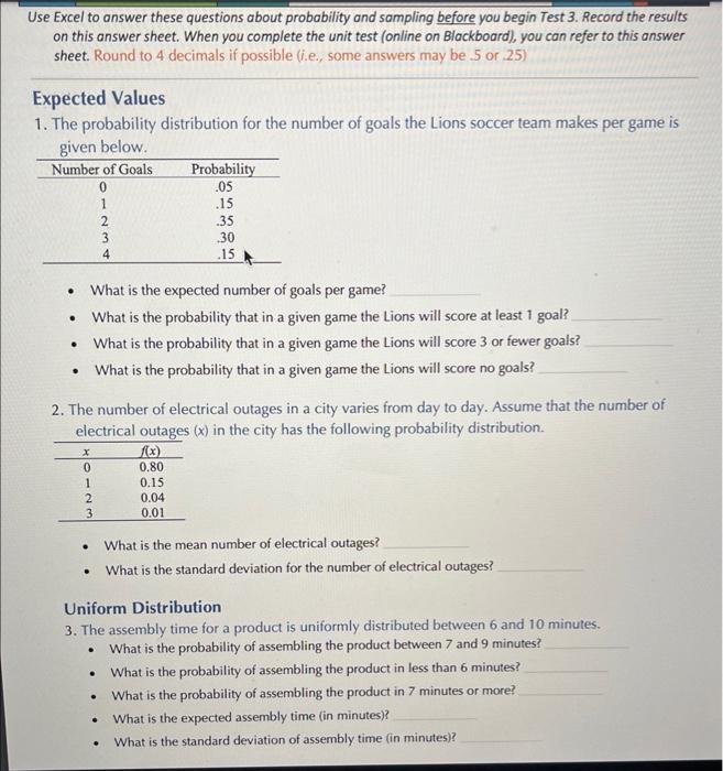 Solved Use Excel to answer these questions about probability | Chegg.com
