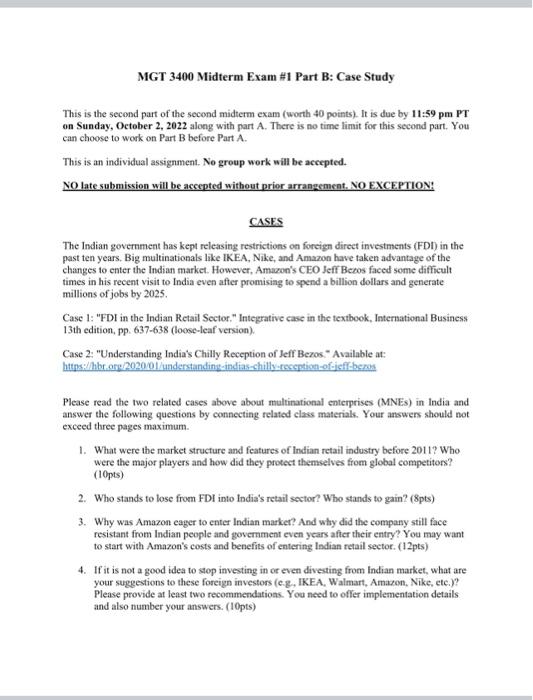 MGT 3400 Midterm Exam #1 Part B: Case Study This is | Chegg.com