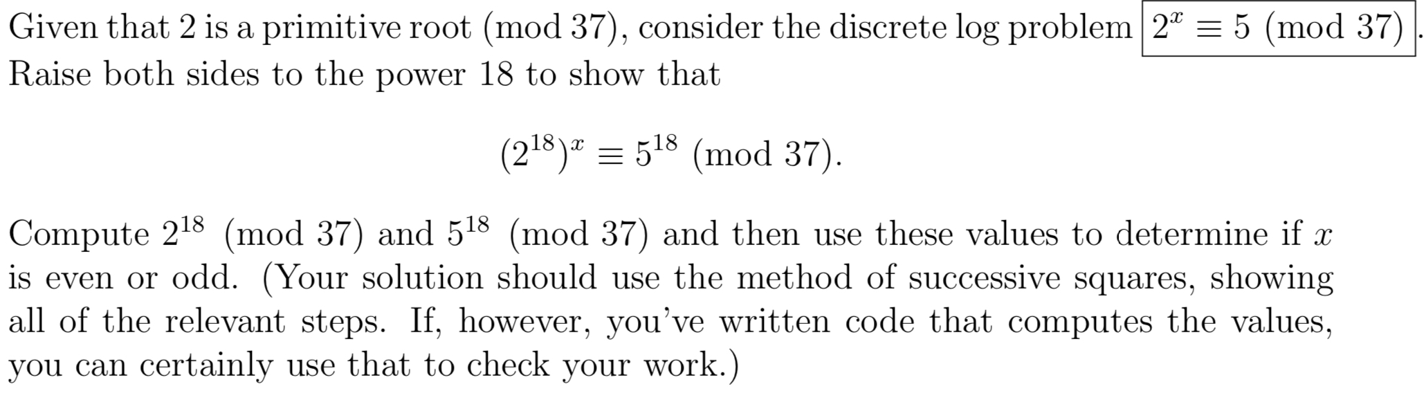Solved . ﻿Given that 2 ﻿is a primitive root (mod 37), | Chegg.com
