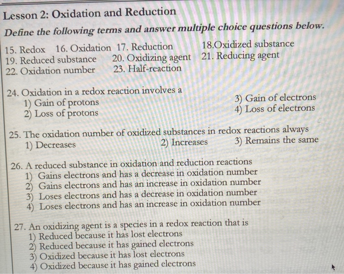 Solved Lesson 2: Oxidation and Reduction Define the | Chegg.com