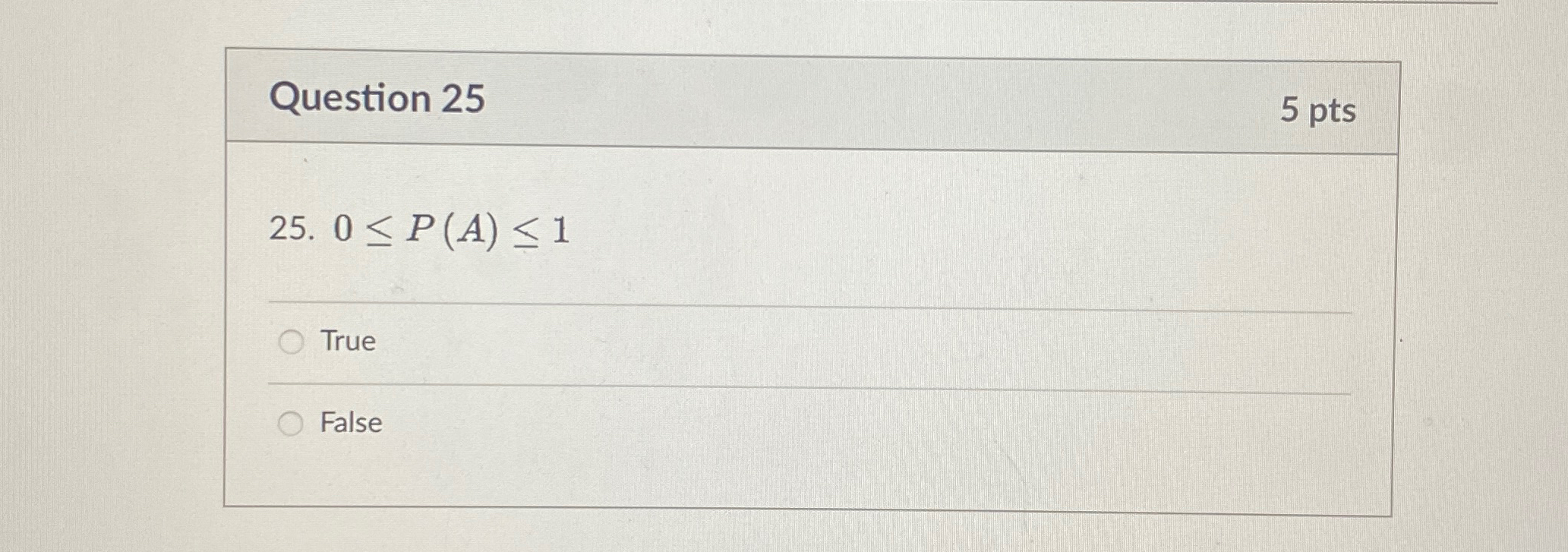 Solved Question 255 ﻿pts25. 0≤P(A)≤1TrueFalse | Chegg.com