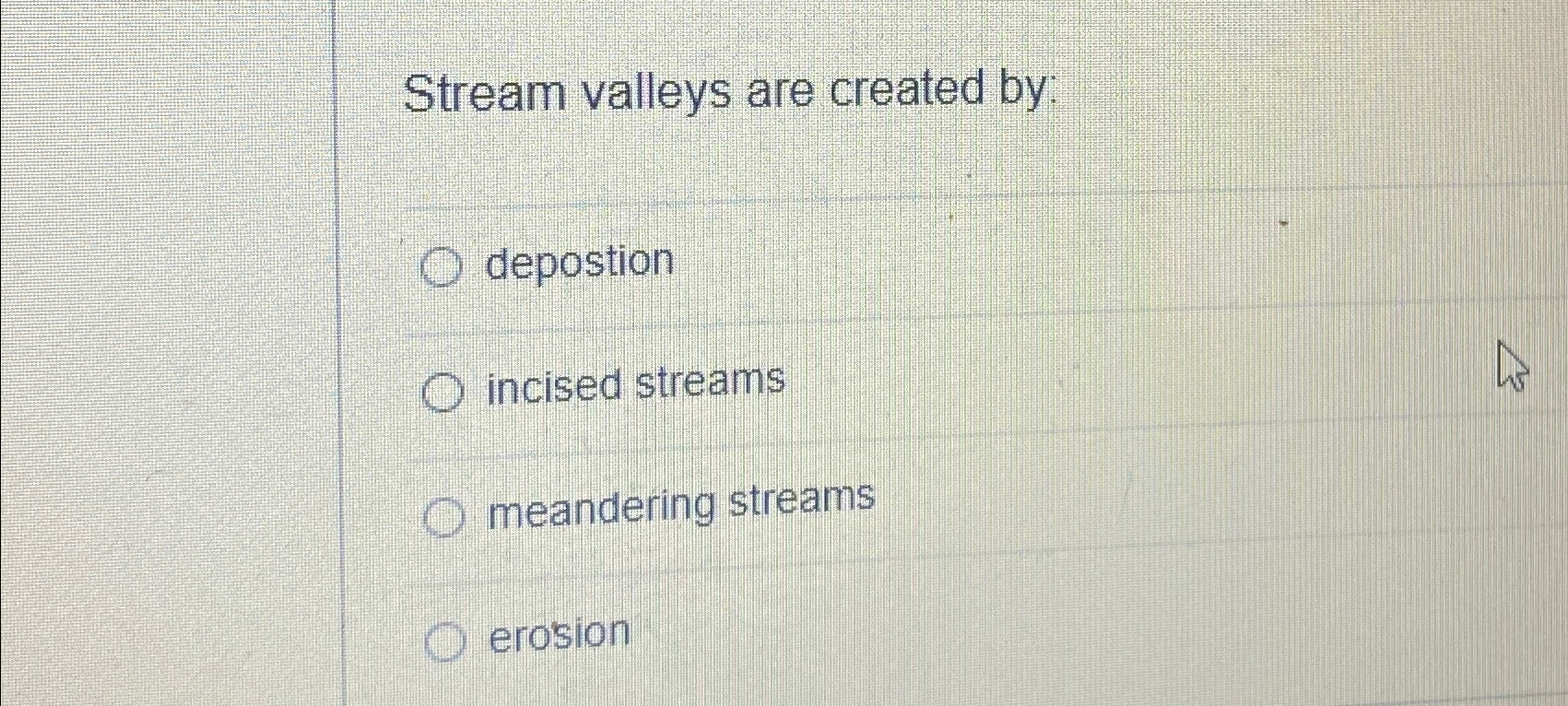 Solved Stream valleys are created by:depostionincised | Chegg.com
