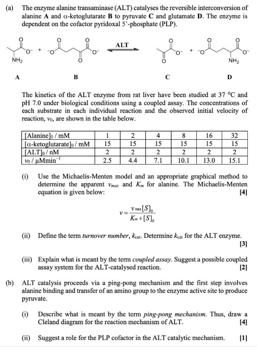 Solved (a) ﻿The enzyme alanine transaminase (ALT) ﻿catalyses | Chegg.com