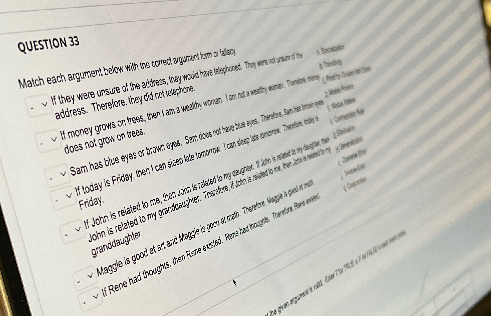 Solved QUESTION 33Match each argument below with the correct | Chegg.com