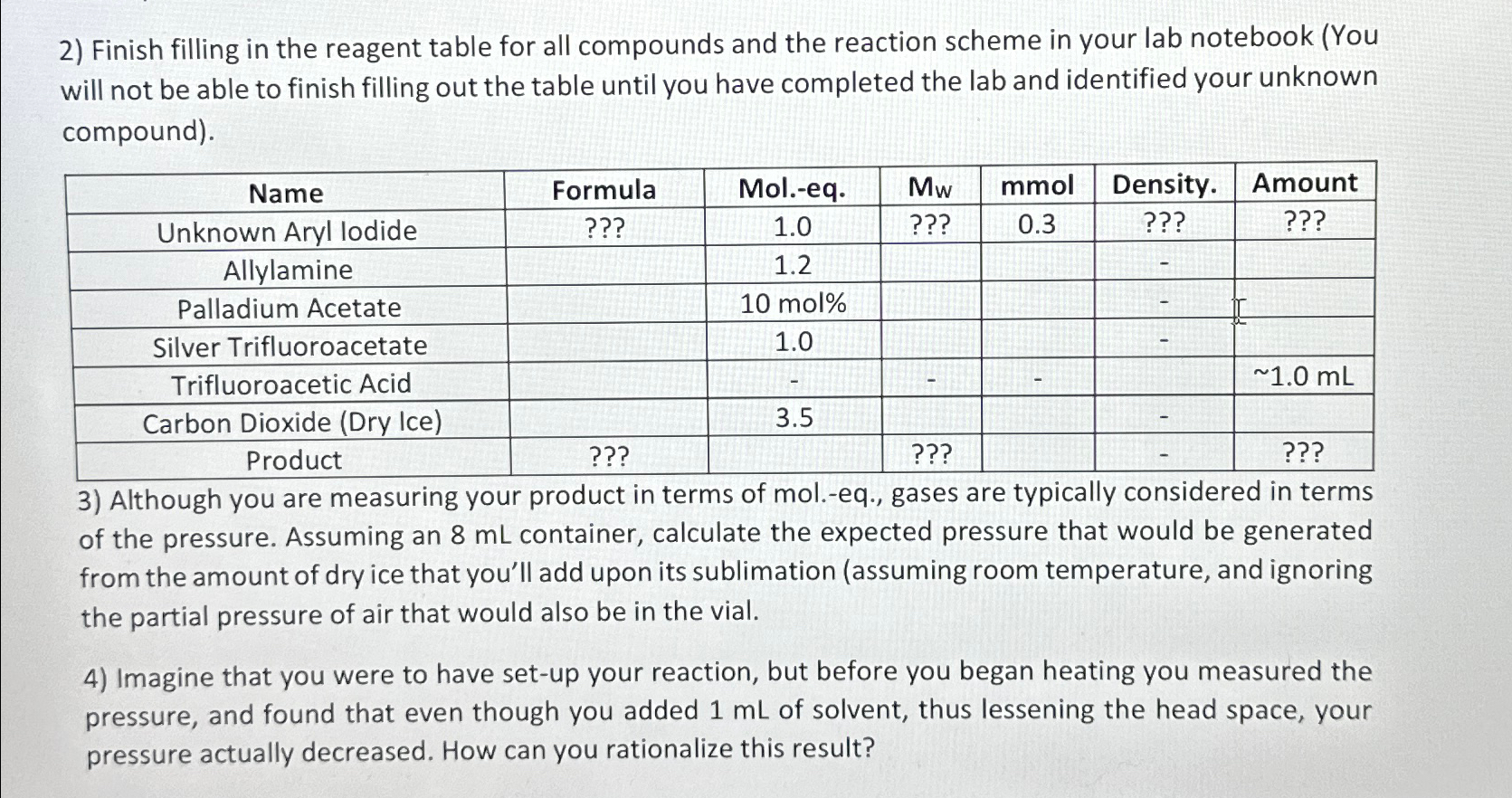 Finish Filling In The Reagent Table For All Compounds