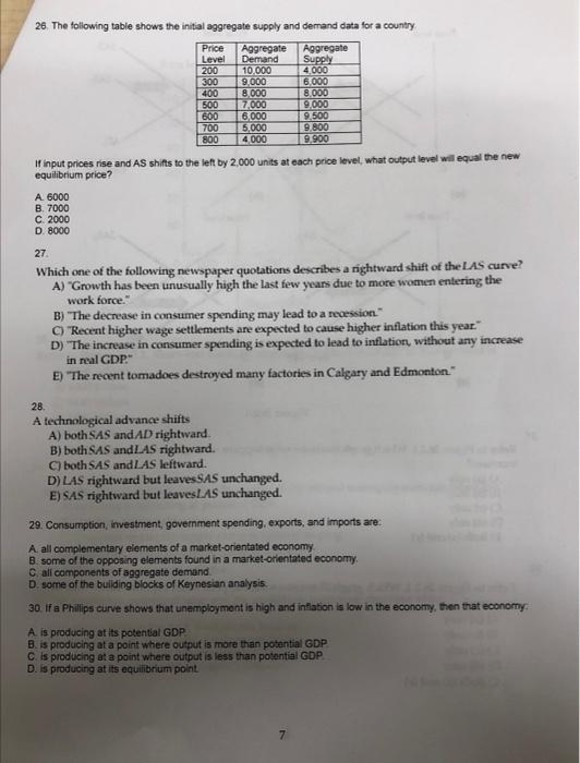 Solved 26. The following table shows the initial aggregate | Chegg.com