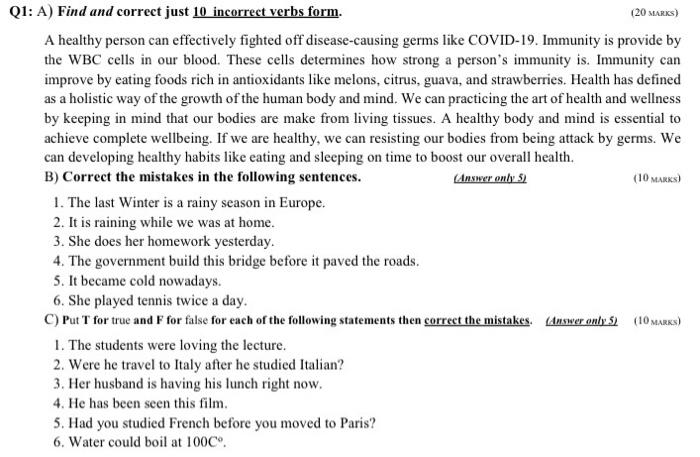 Solved Q1: A) Find and correct just 10 incorrect verbs form. | Chegg.com