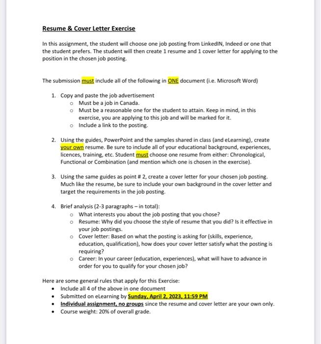 Solved Resume \& Cover Letter Exercise In this assignment, | Chegg.com