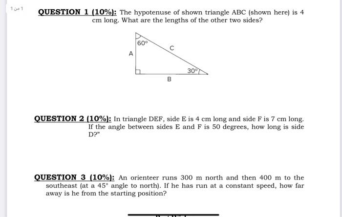 Solved QUESTION 1 (10\%): The hypotenuse of shown triangle | Chegg.com