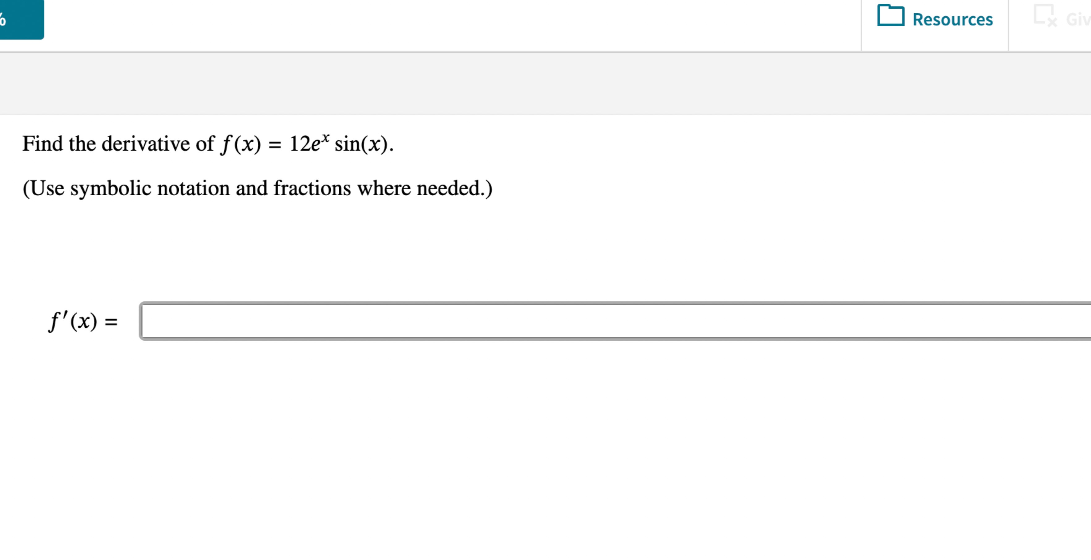 Solved Find the derivative of f(x)=12exsin(x).(Use symbolic | Chegg.com