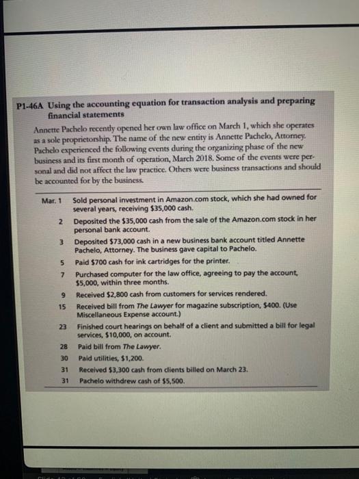 Solved 1-46A Using the accounting equation for transaction | Chegg.com