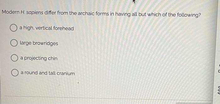 Solved Modern H. sapiens differ from the archaic forms in | Chegg.com