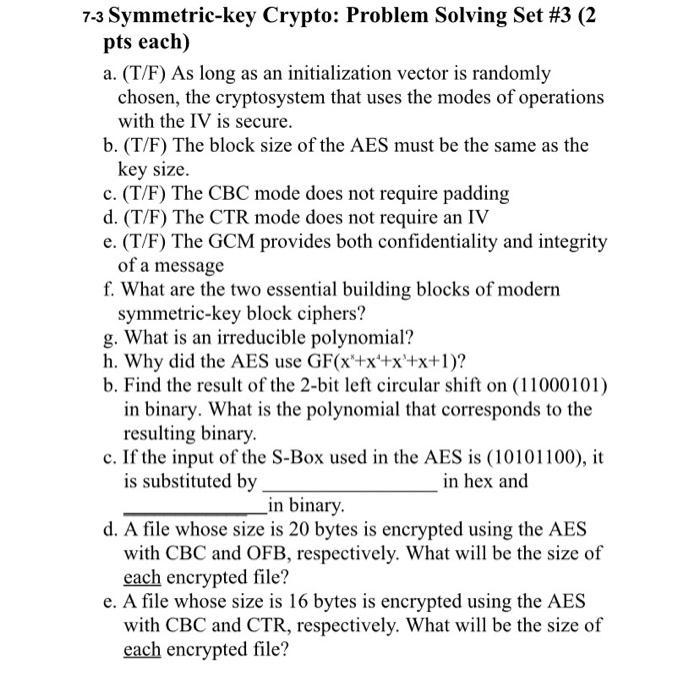 Solved 7-3 Symmetric-key Crypto: Problem Solving Set #3 (2 | Chegg.com