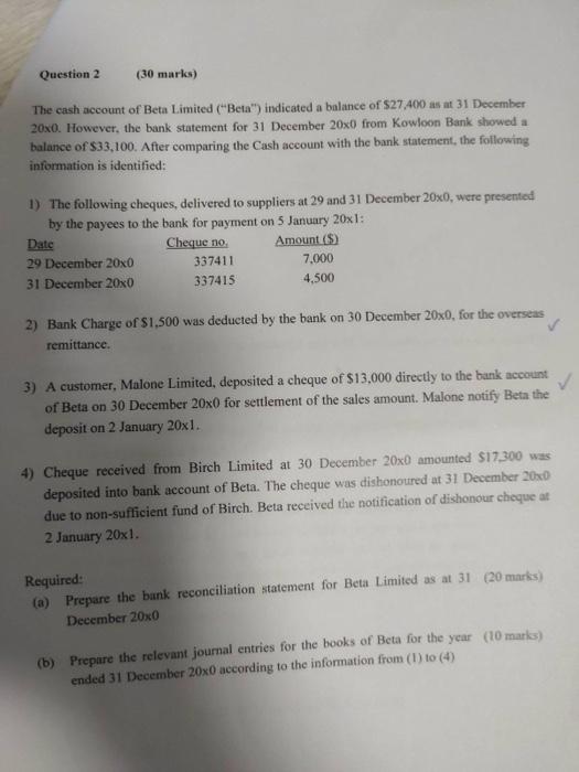 Solved Question 2 (30 marks) The cash account of Beta | Chegg.com