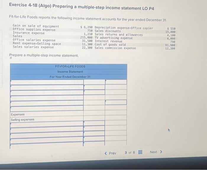 Solved Exercise 4-18 (Algo) Preparing a multiple-step income | Chegg.com