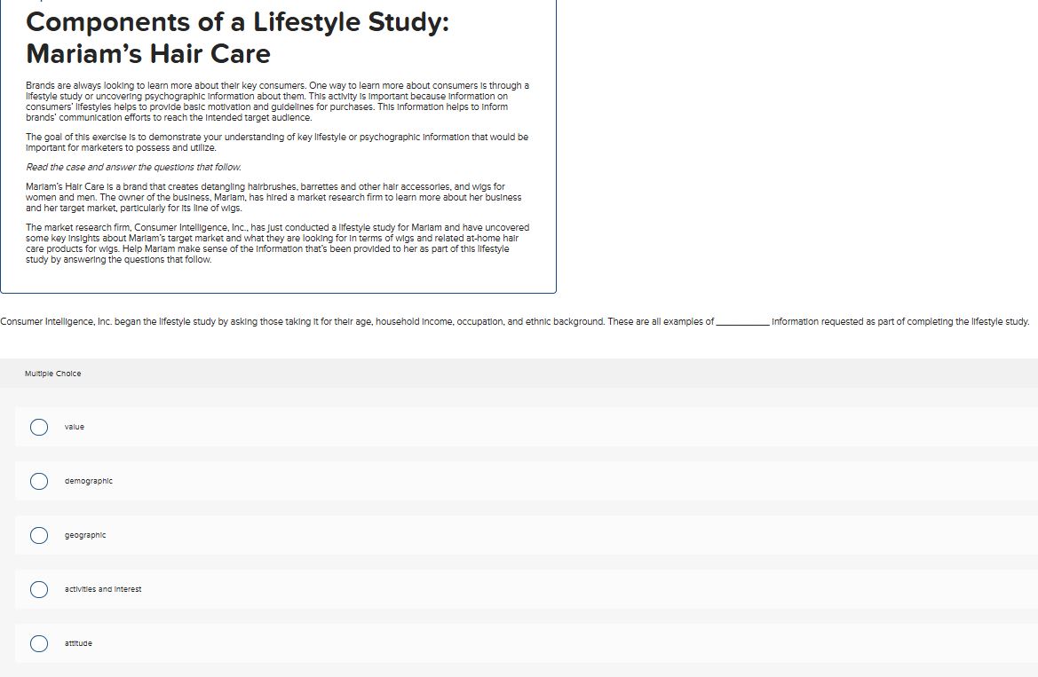 Solved Components of a Lifestyle Study: Mariam's Hair Care | Chegg.com