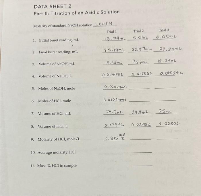 Solved DATA SHEET 2 Part II: Titration of an Acidic | Chegg.com