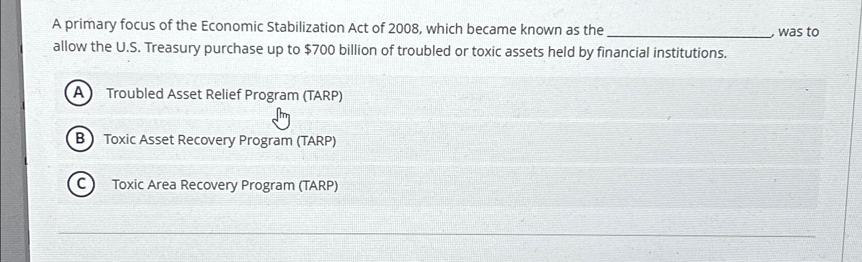 Solved A primary focus of the Economic Stabilization Act of | Chegg.com