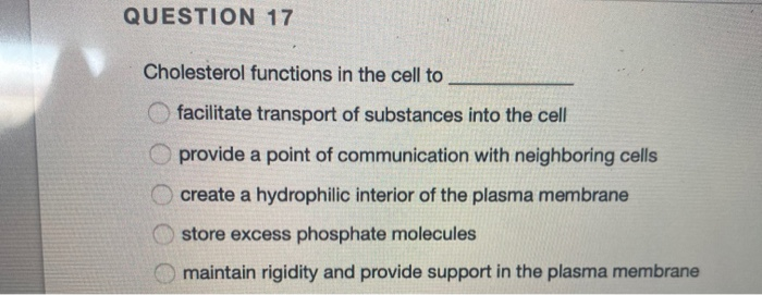 Solved QUESTION 17 Cholesterol functions in the cell to | Chegg.com