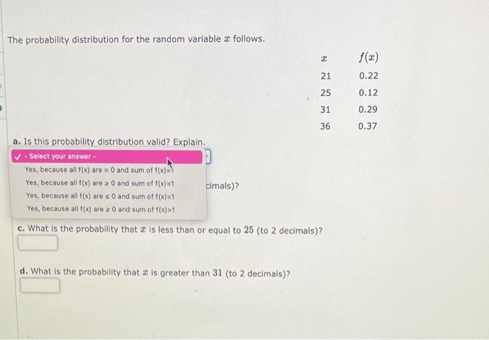 Solved The probability distribution for the random variable | Chegg.com