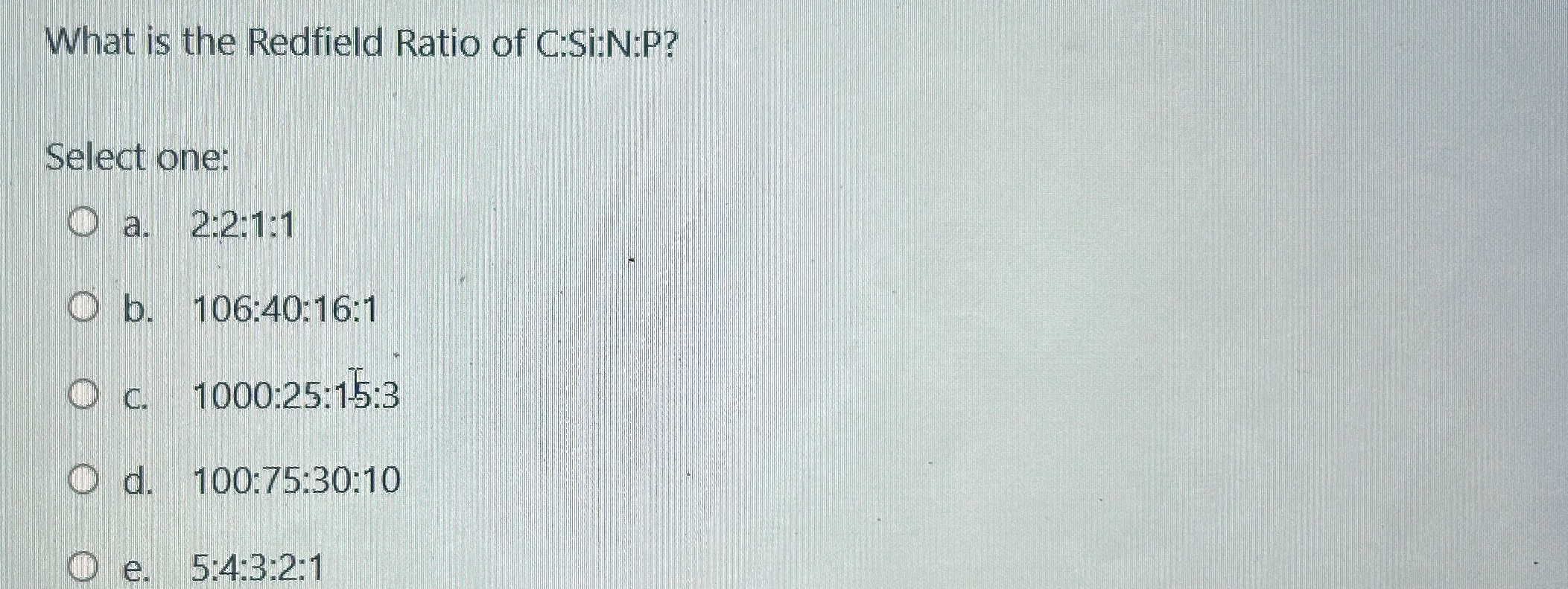 Solved What is the Redfield Ratio of C:Si:N:P?Select | Chegg.com