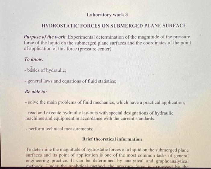 Solved Laboratory work 3 HYDROSTATIC FORCES ON SUBMERGED | Chegg.com