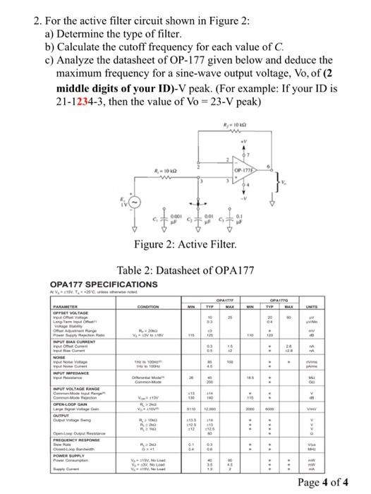 Solved 2. For the active filter circuit shown in Figure 2: | Chegg.com