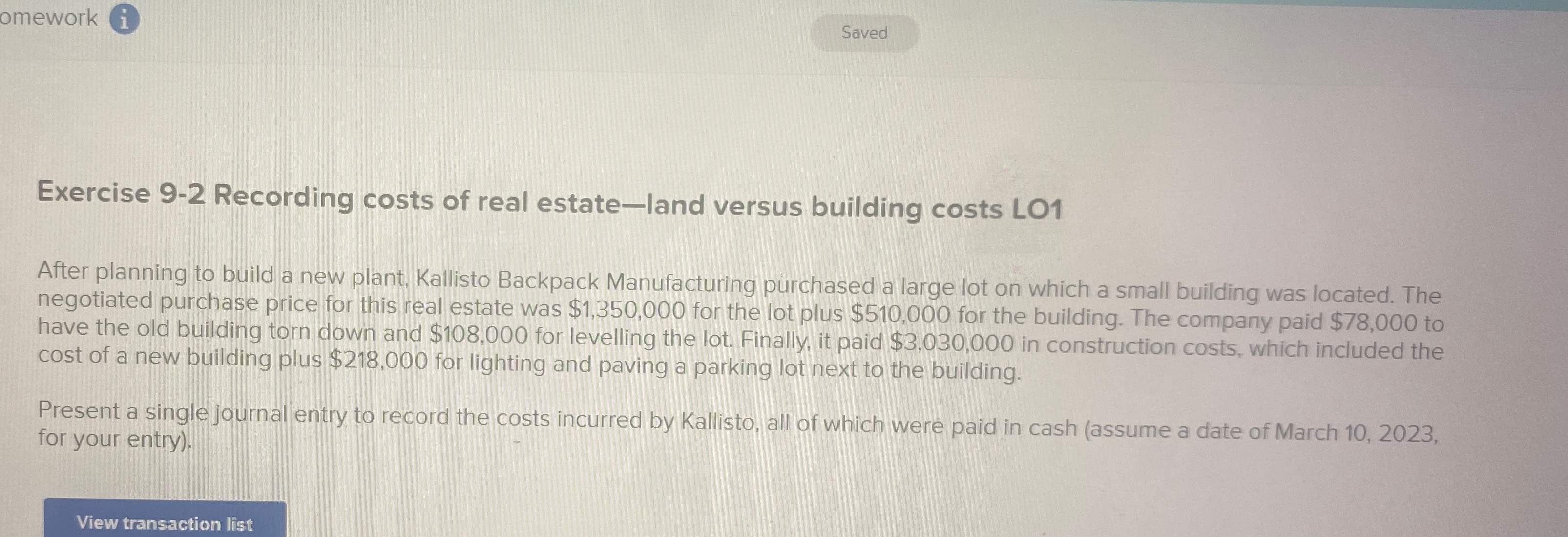 Solved omework(i)Exercise 9-2 ﻿Recording costs of real | Chegg.com