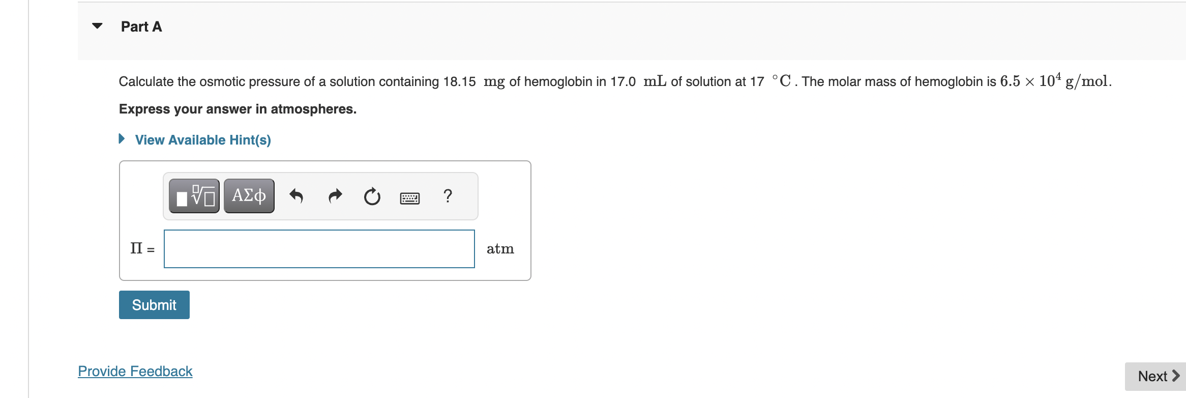 Solved Part ACalculate the osmotic pressure of a solution | Chegg.com