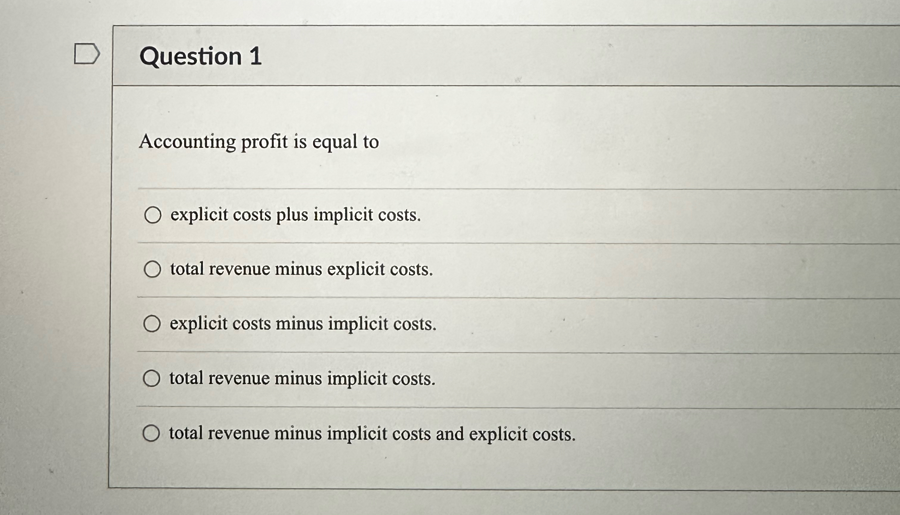 Solved Question 1Accounting profit is equal toexplicit costs | Chegg.com