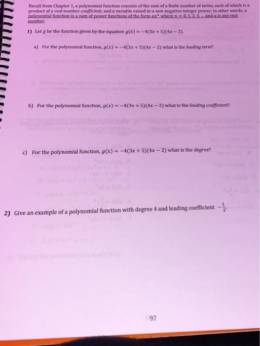 Solved Recall from Chapter 1, a polynomial function consists | Chegg.com