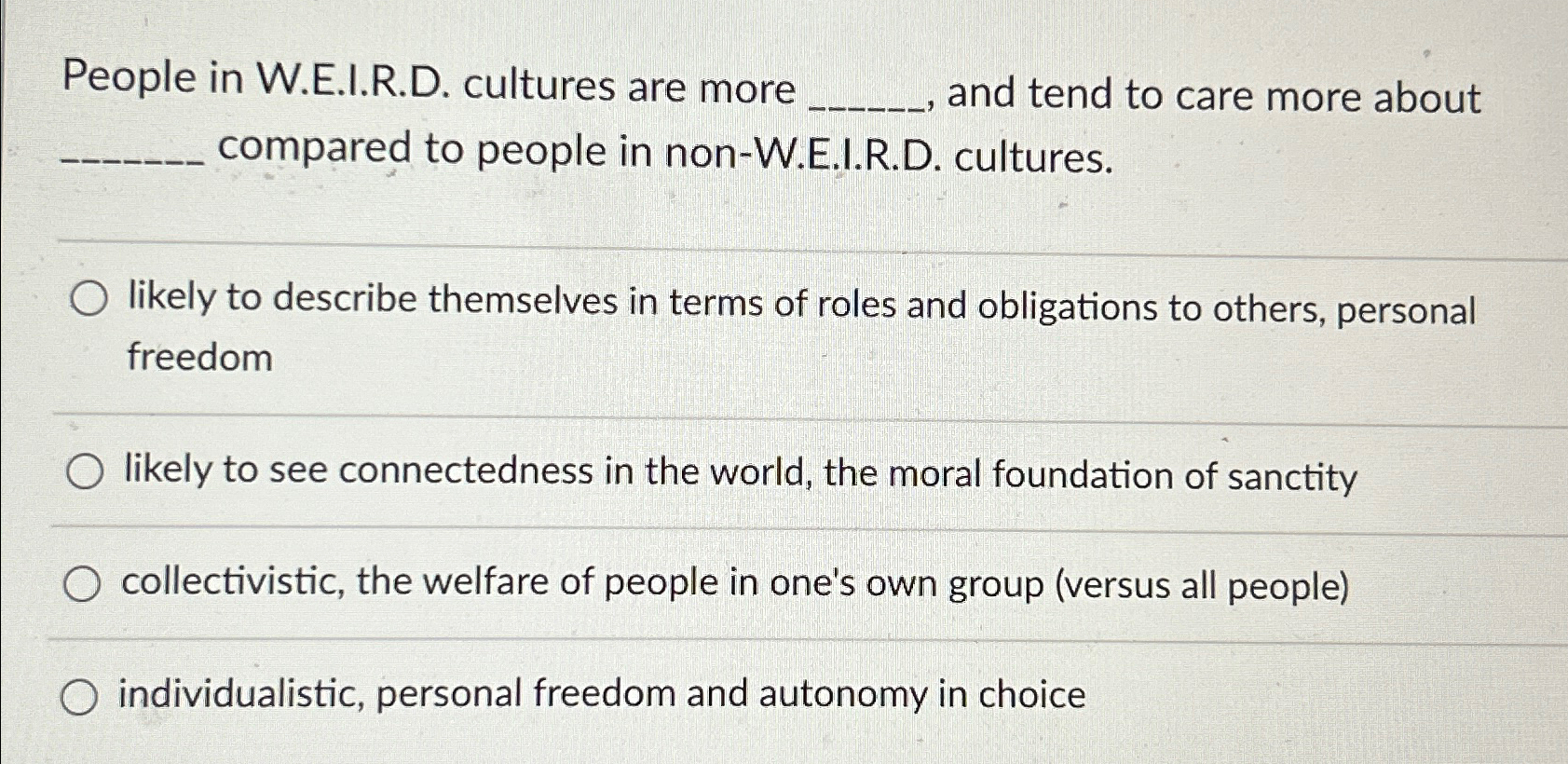 Solved People in W.E.I.R.D. ﻿cultures are more and tend to | Chegg.com